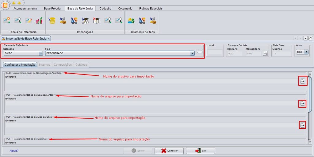 Importação de Base de Referência: SICRO - Evop