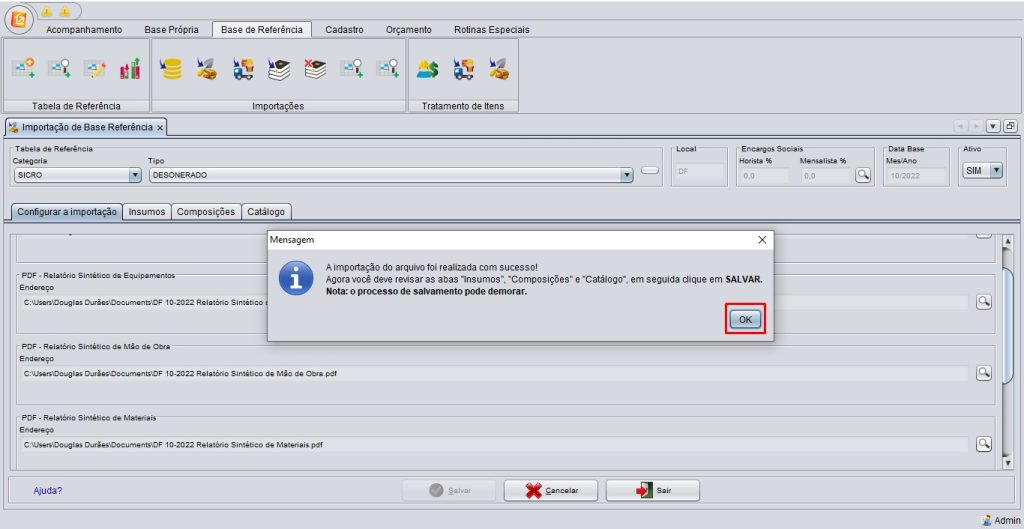 Importação de Base de Referência: SICRO - Evop