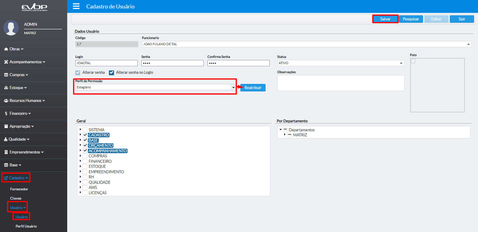 Perfil de permissão de usuários - Evop