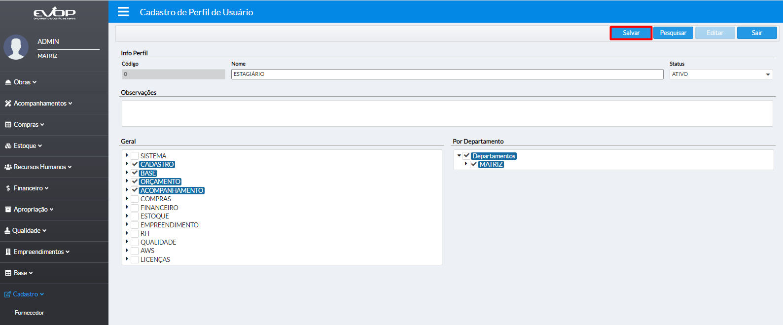 Perfil de permissão de usuários - Evop