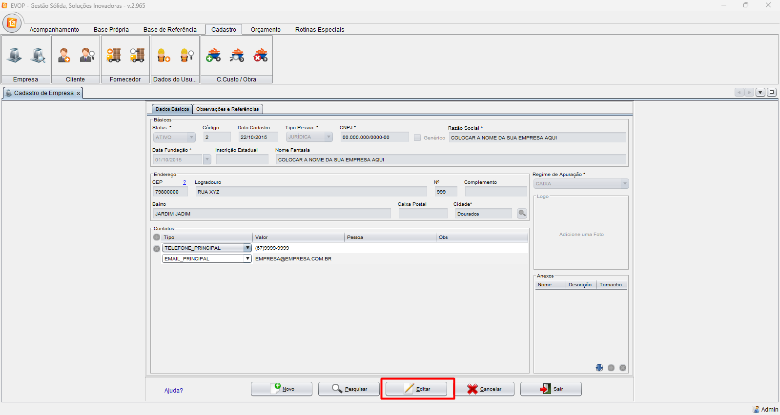 Cadastrando empresa no Evop - Evop