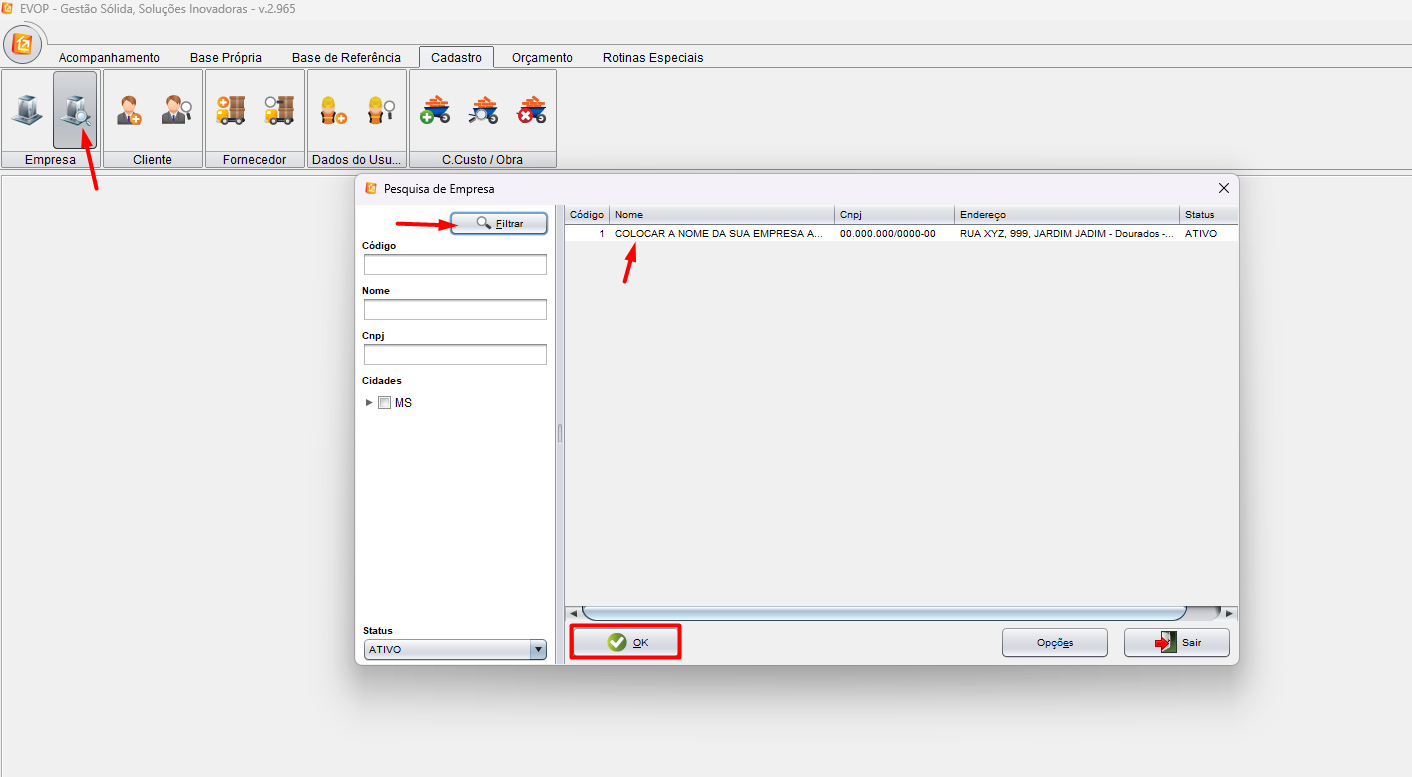 Cadastrando empresa no Evop - Evop